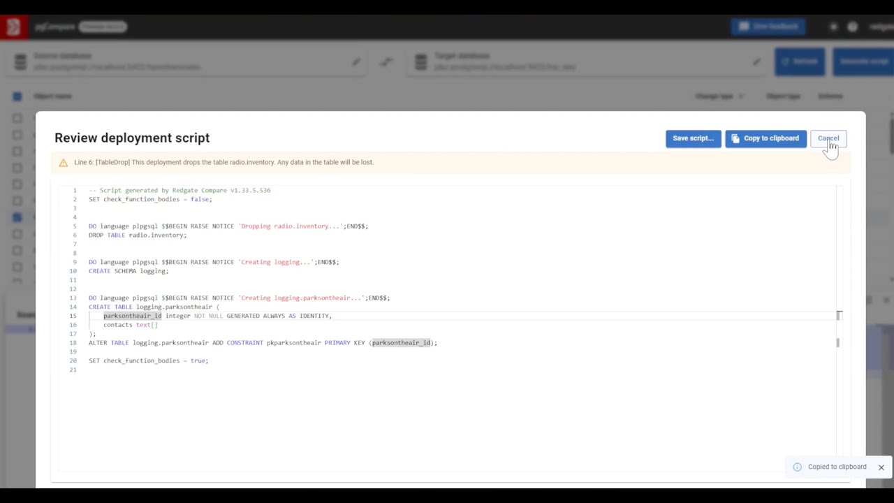 Compare two PostgreSQL databases with Redgate pgCompare