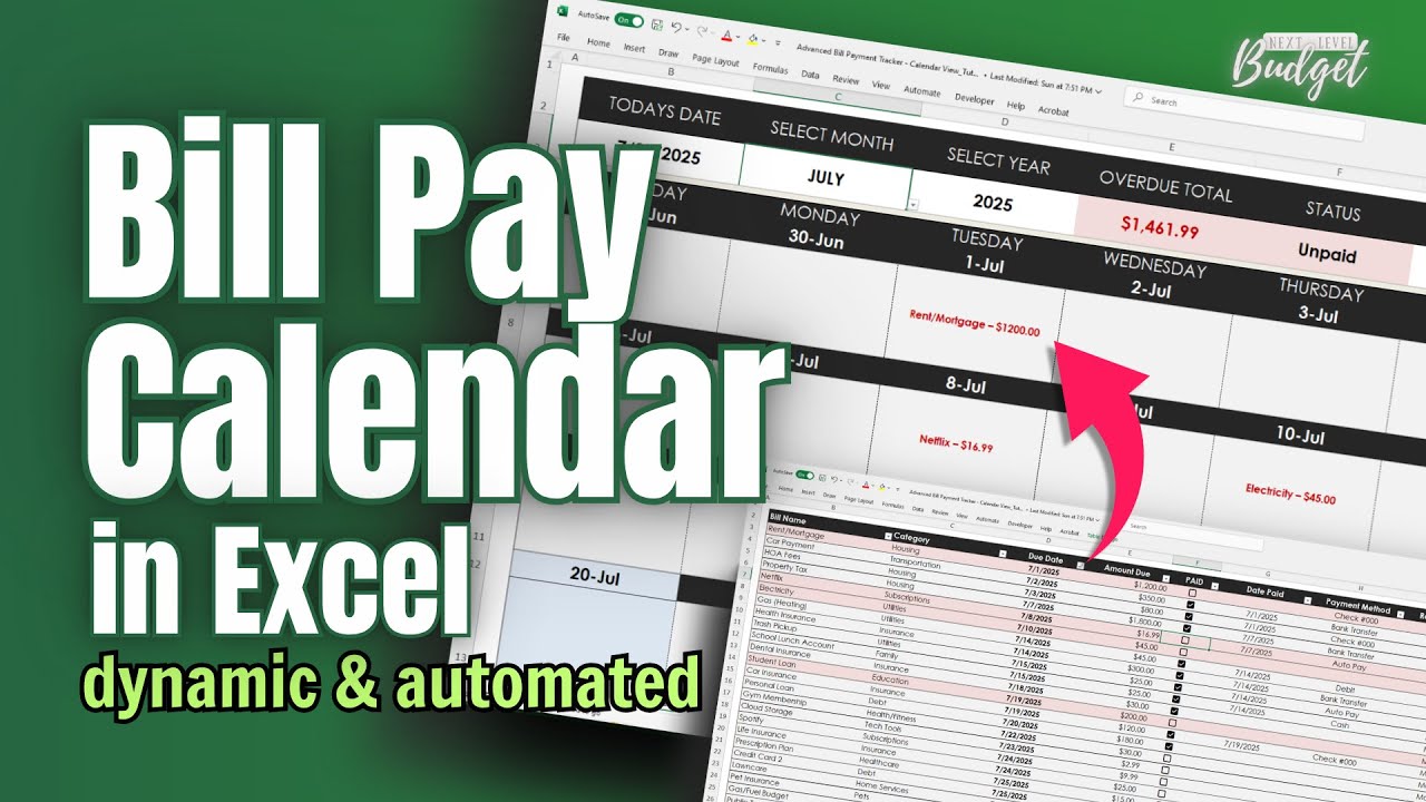 Bill Tracker + Calendar View | Budgeting Spreadsheet | Excel Automation