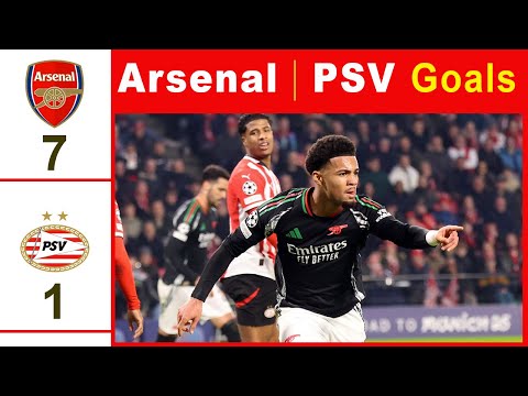 Arsenal 7 - PSV 1 - Goals by Timber, Nwaneri, Merino, Ødegaard, Trossard, Calafiori, and Lang