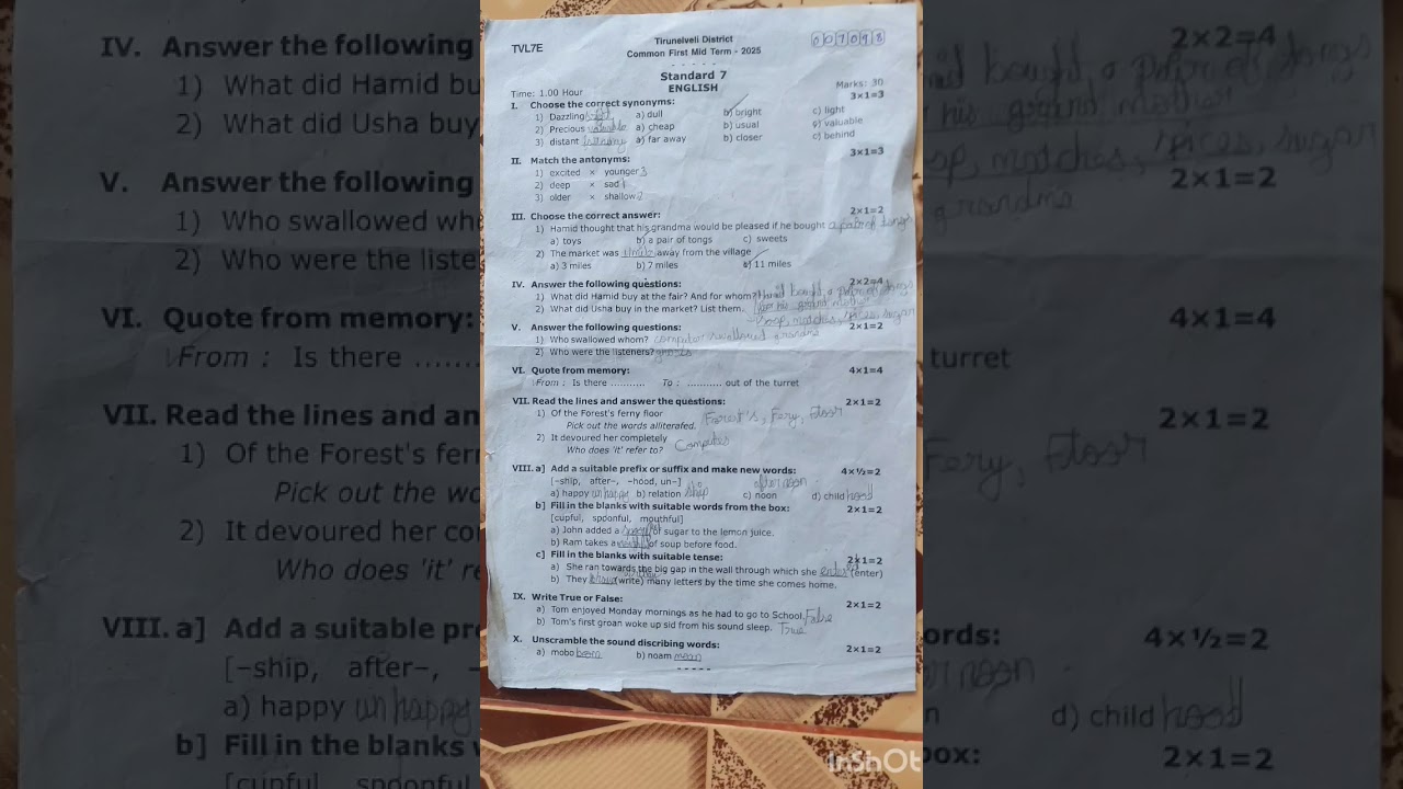 7th standard english 1st mid term question paper 2025 #exam #questionpaper #students #examtips