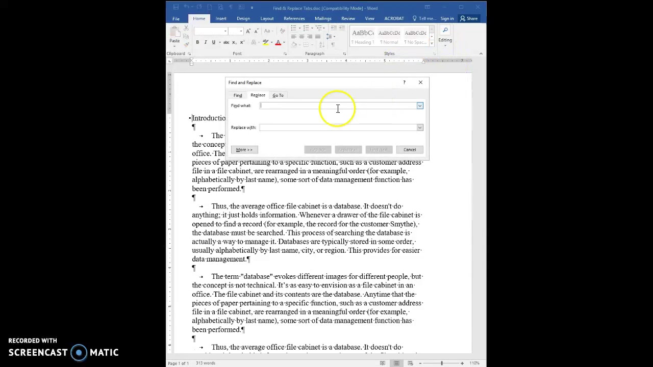 Word 2016 - Removing Tabs with Find & Replace