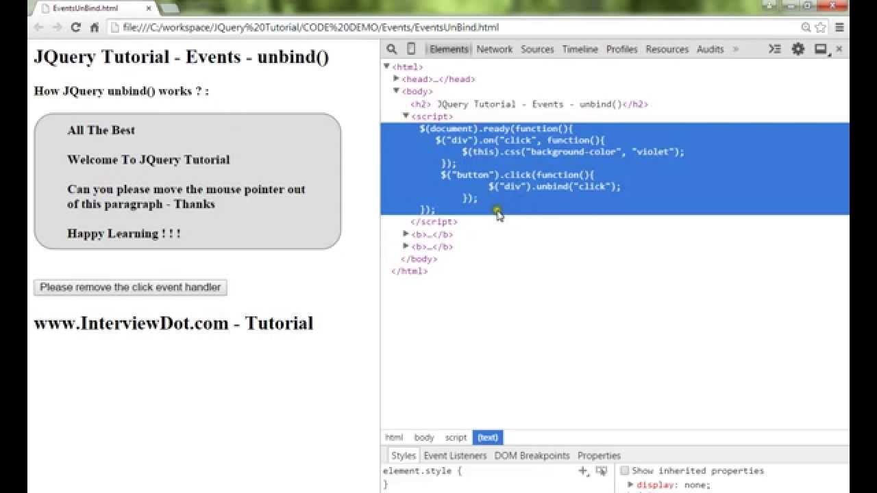 UNBIND METHOD JQUERY DEMO