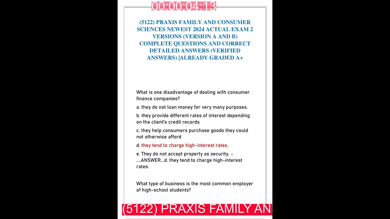 5122 PRAXIS FAMILY AND CONSUMER SCIENCES NEWEST 2024 ACTUAL EXAM 2 VERSIONS VERSION A AND B COMPLETE