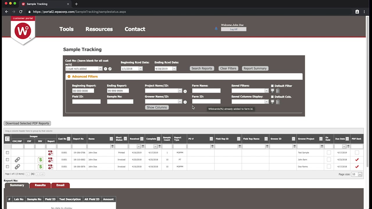 Web Portal Sample Tracking