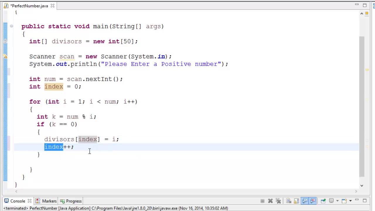 Java Perfect Number walk-through solution