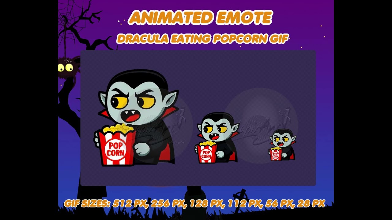 Animated emoji: Dracula eating popcorn (GIF)