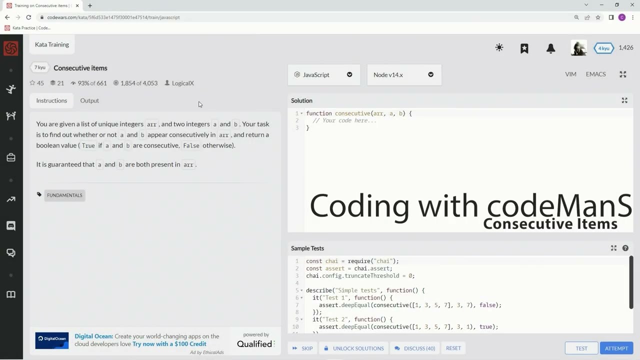 Codewars 7 kyu Consecutive Items Javascript