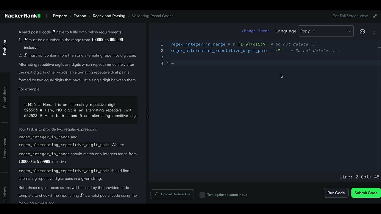 Hackerrank Python Solution #16 Regex and Parsing - Validating Postal Codes