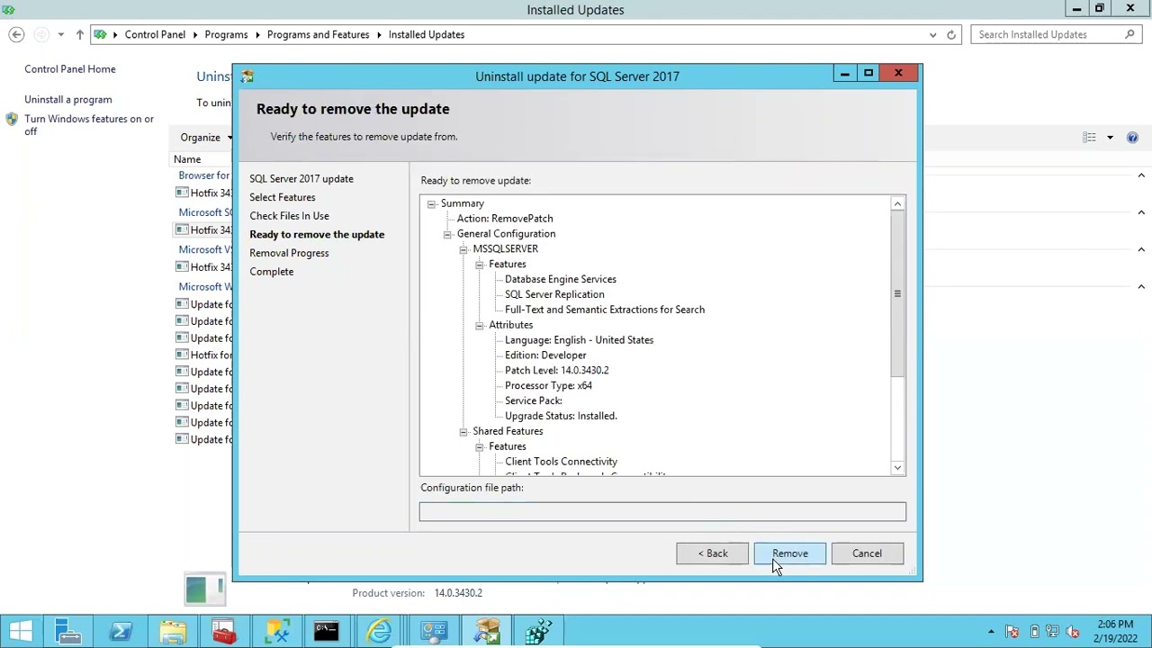 Removing Patch from Sql Server