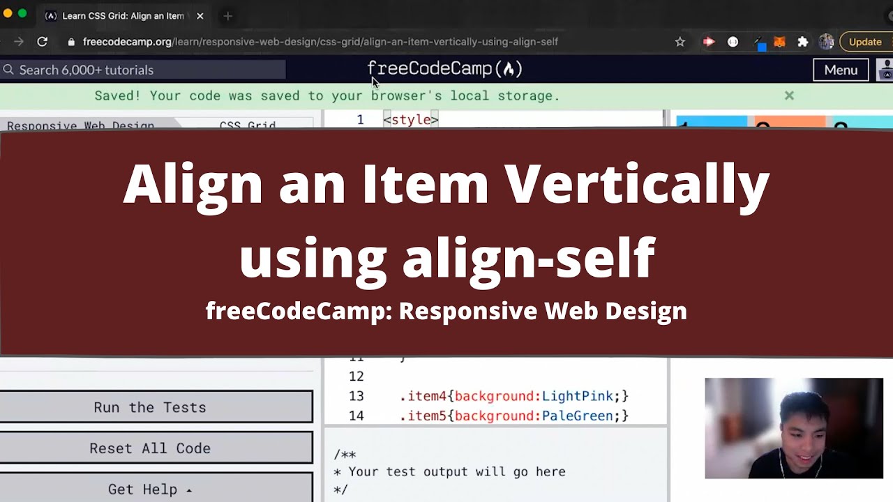Align an Item Vertically using align self (CSS Grid) freeCodeCamp tutorial