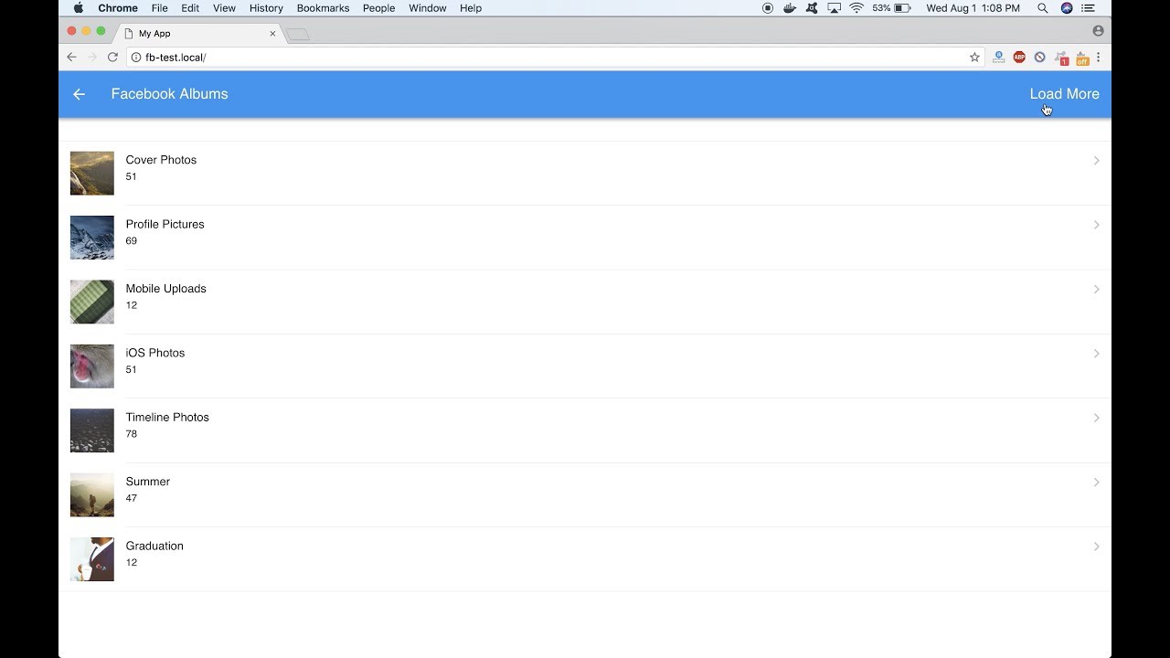 Facebook API JavaScript SDK get all Albums and Photos Demo