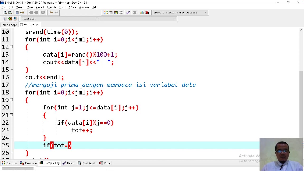 Program mencari jumlah bilangan prima dalam deret random menggunakan DevC++