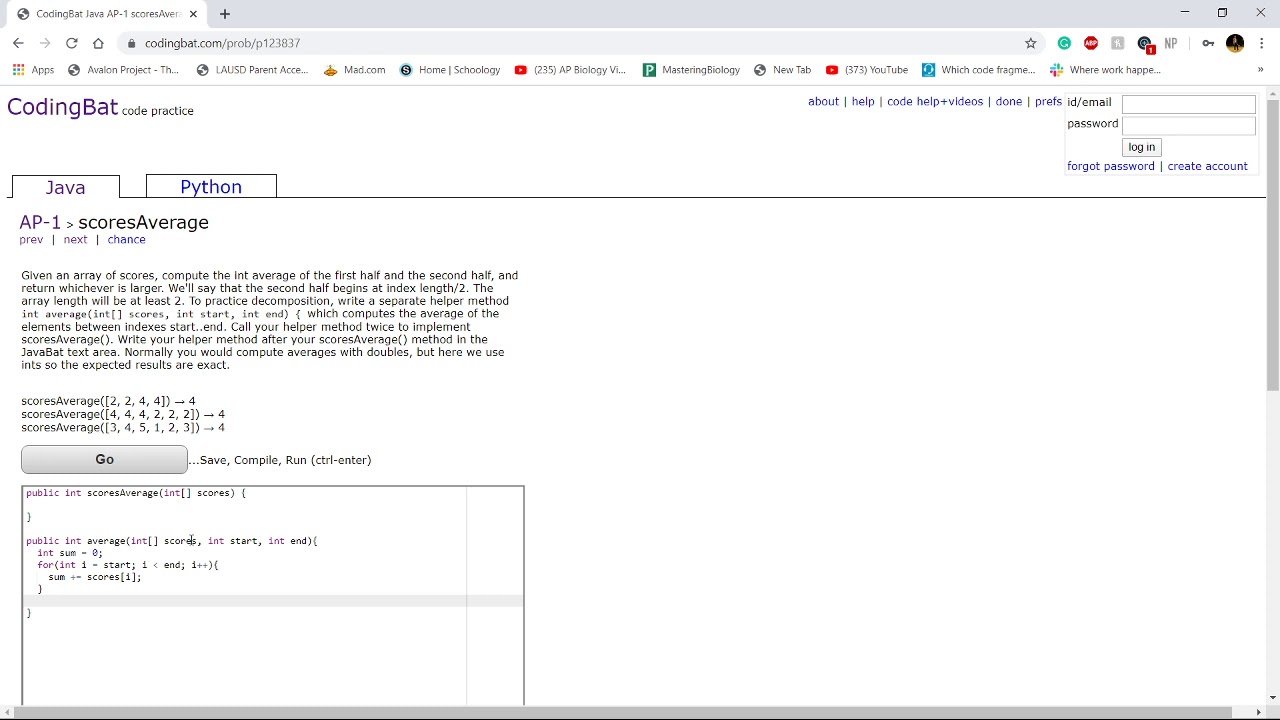 AP-1 (scoresAverage) Java Tutorial || Codingbat.com