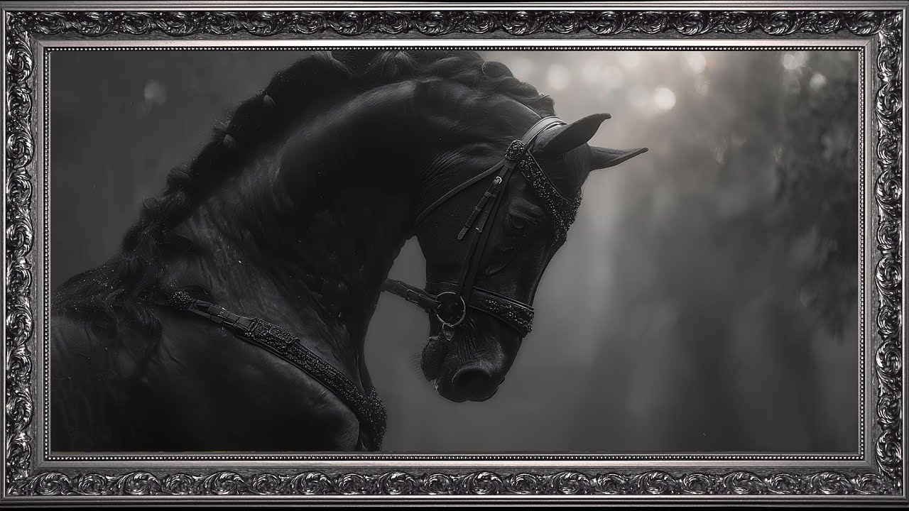 Friesian Black Horse | 4K Frame TV Art | Art Screensaver for TV | Black Noir Edition