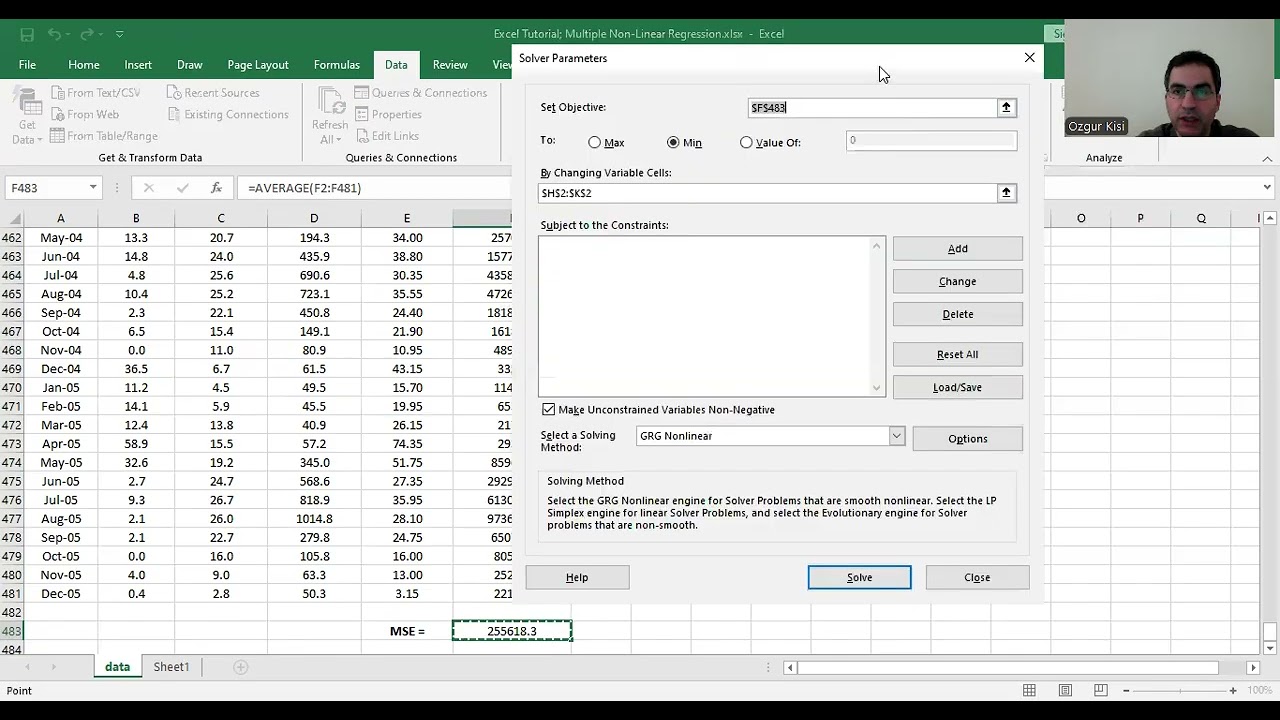 Excel Tutorial; Multiple Non Linear Regression