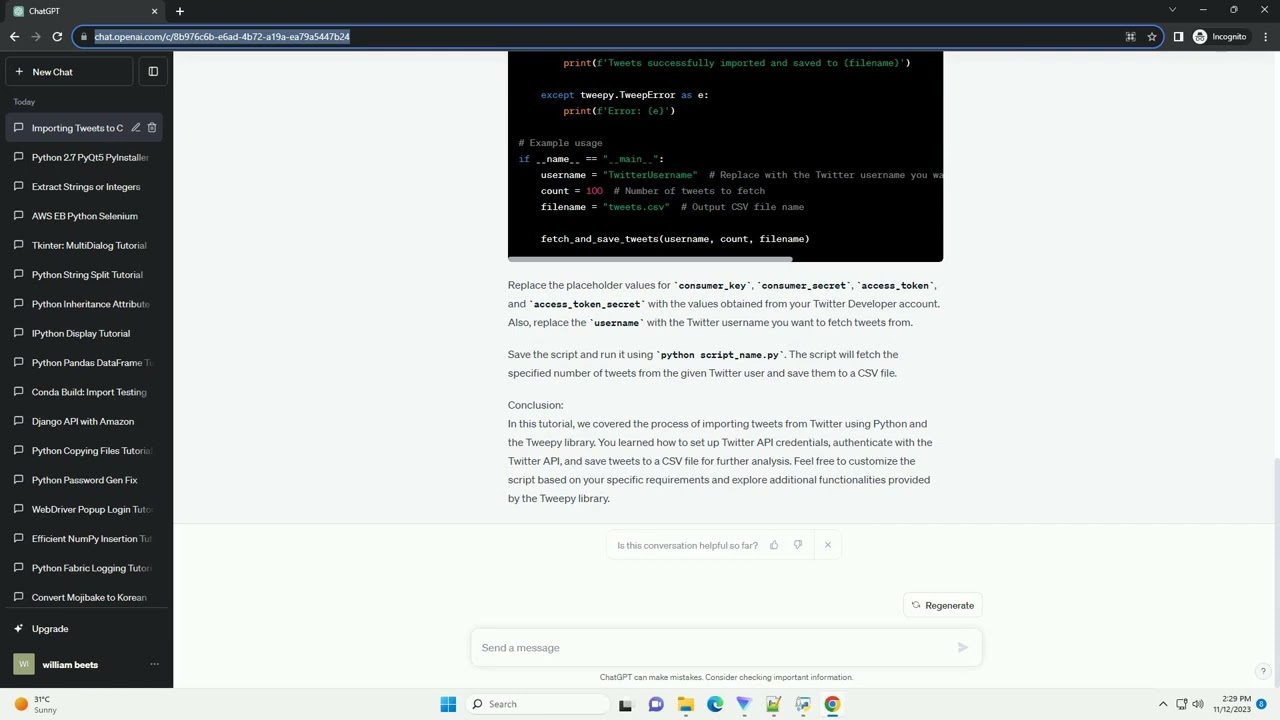 importing tweets to csv file using Python