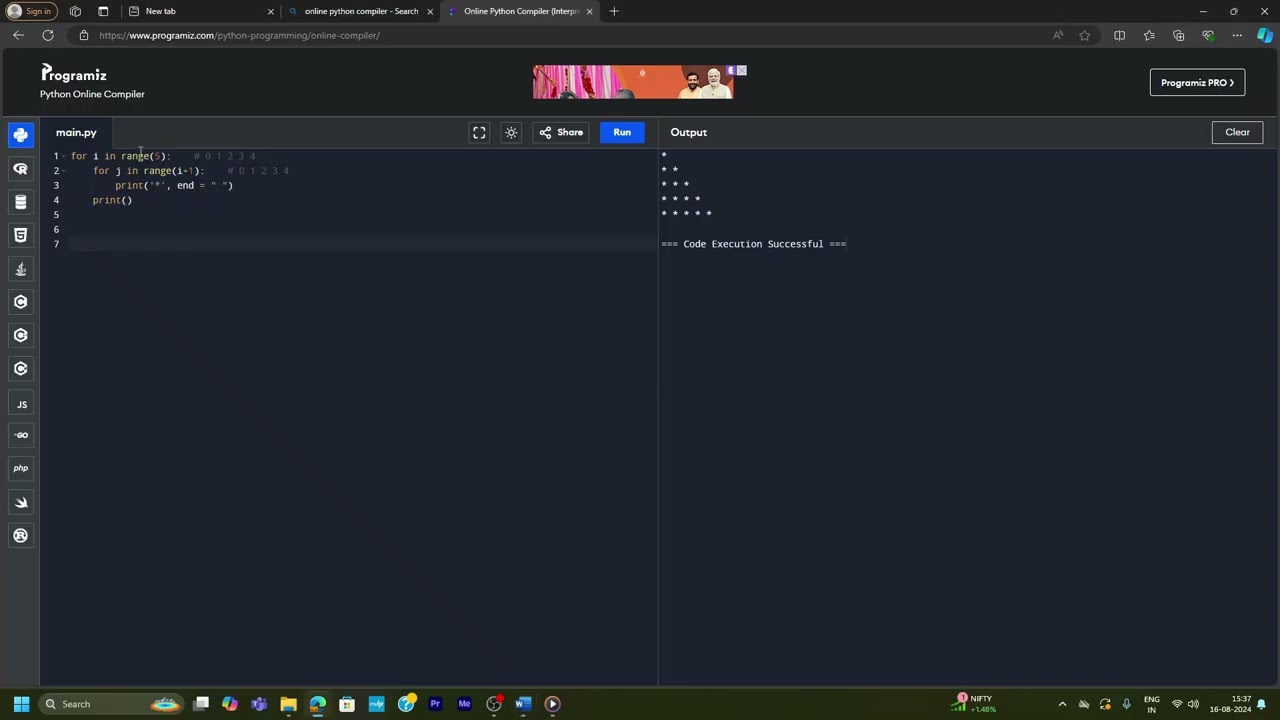 Print a lower triangular matrix of stars in Python