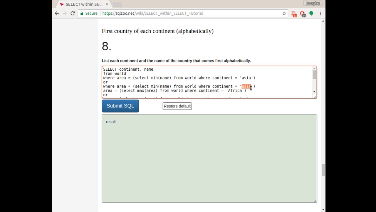 sqlzoo select in select Q8