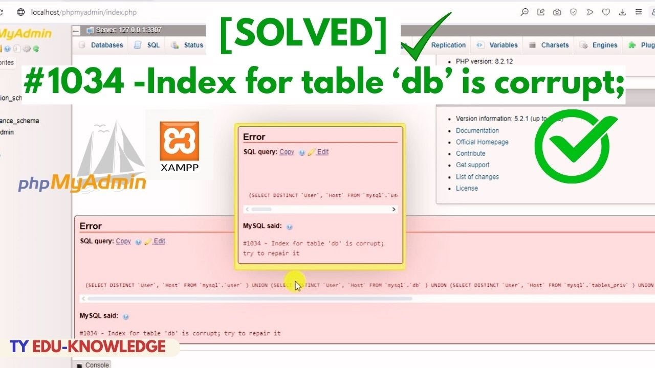 SOLVED: Error 1034 index for table 'db' is corrupt in mysql phpMyAdmin |Fix Repair table error MySQL