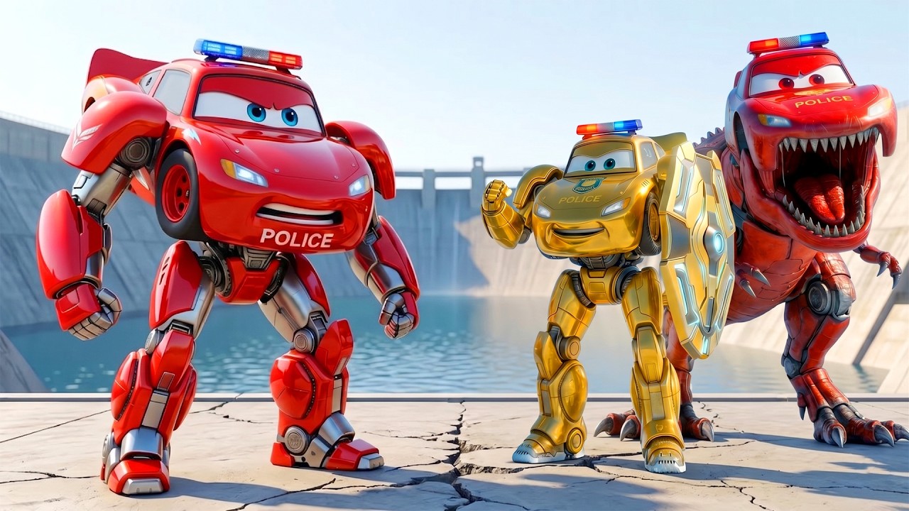 Kitten found abandoned Team Lightning McQueen Vs T-Rex Lightning  McQueen Vs Robot Gold Police