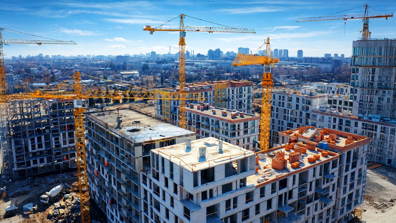 Massive Construction Site From Above | Tower Cranes Building Modern Apartments
