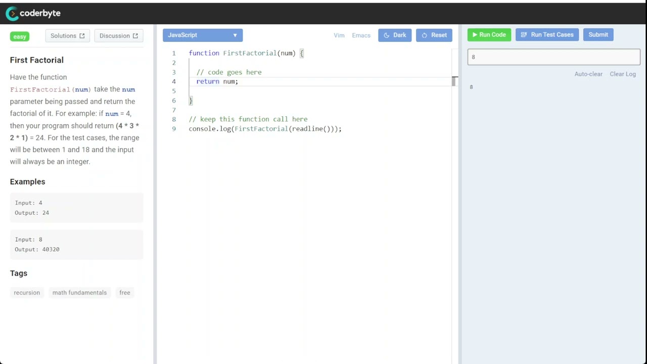 Coderbyte - First Factorial - Code challenge - JavaScript Solution Source Code