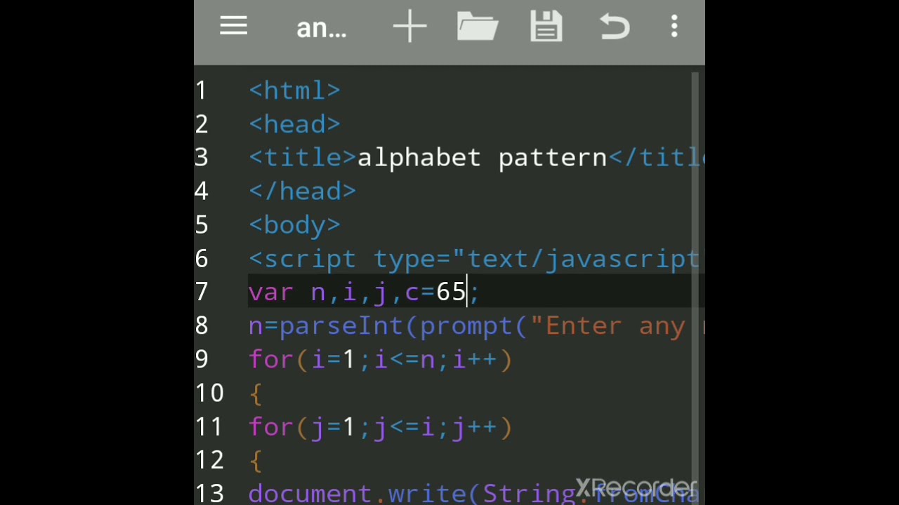 JavaScript Pyramid Alphabet Pattern | Alphabet Pattern in JavaScript | JavaScript Alphabet Pattern