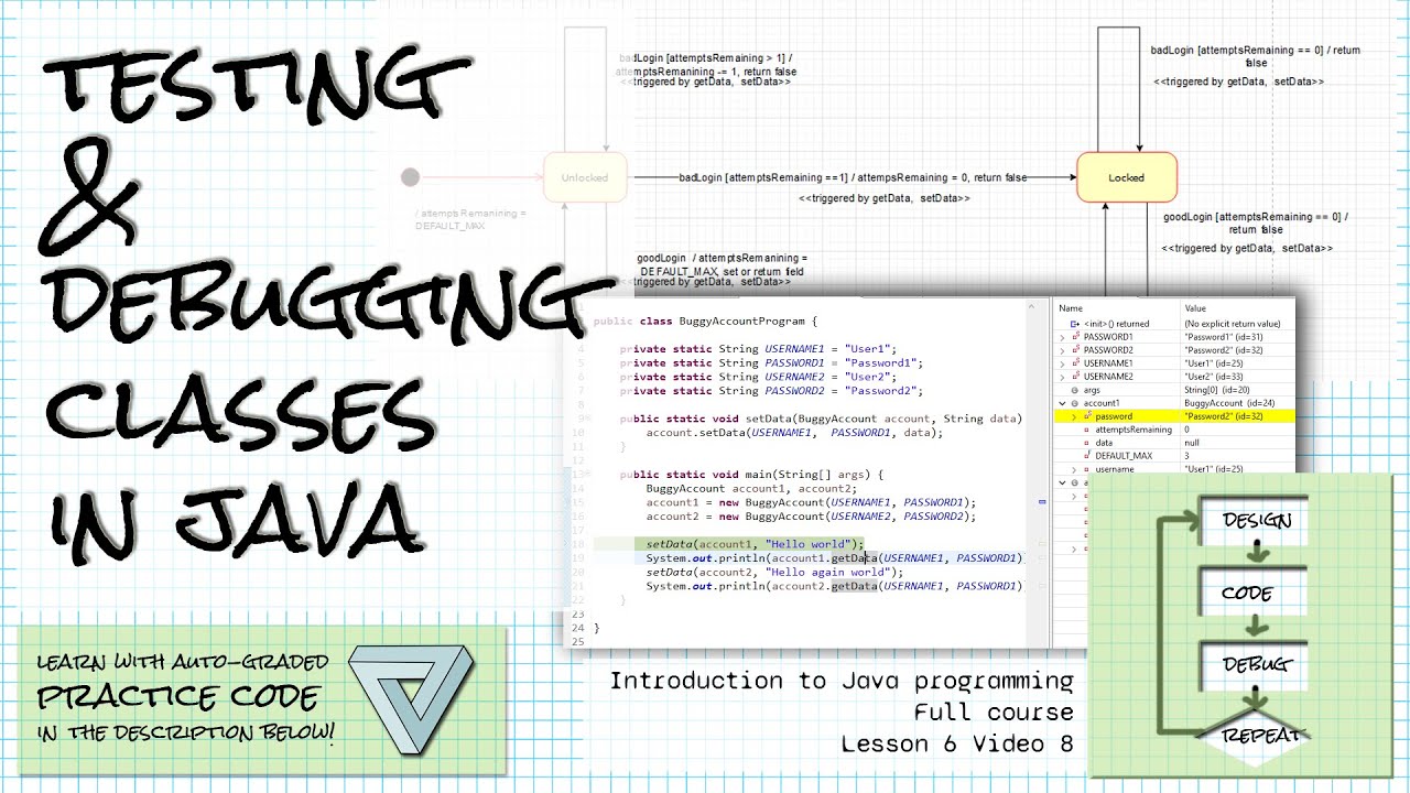 Testing and debugging classes in Java; Intro Java course Lesson 6 Video 8