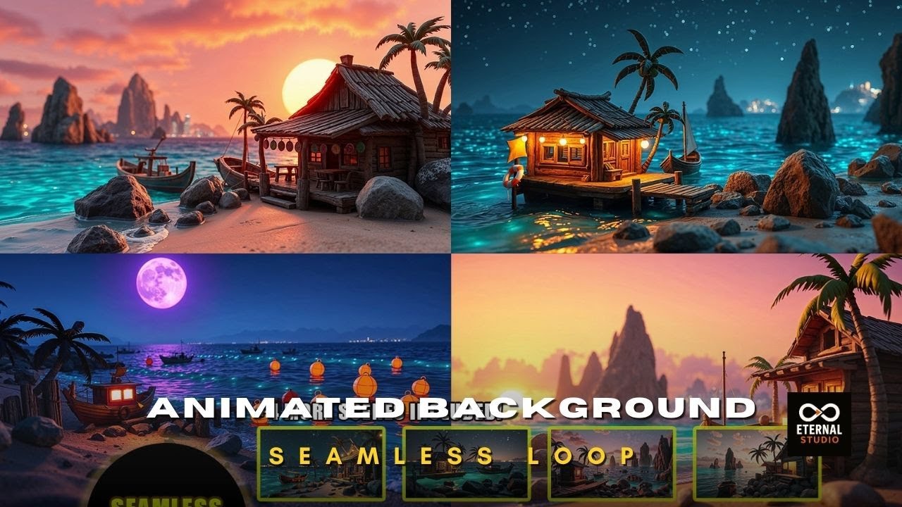 Animated Backgrounds Bundle - Tropical Fishing Village Night & Sunset Live Wallpaper & Stream Loop
