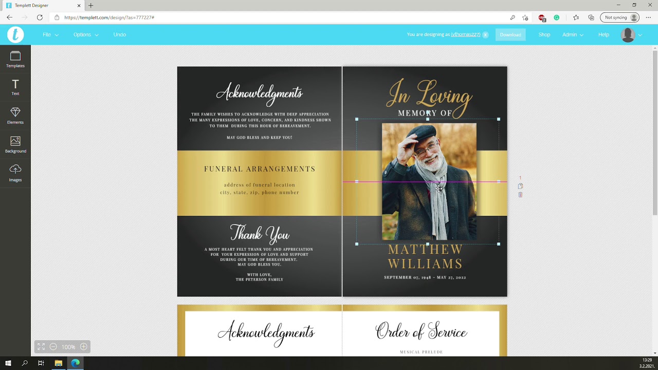 Black and gold funeral program - How to edit funeral program template in the Templett.com platform