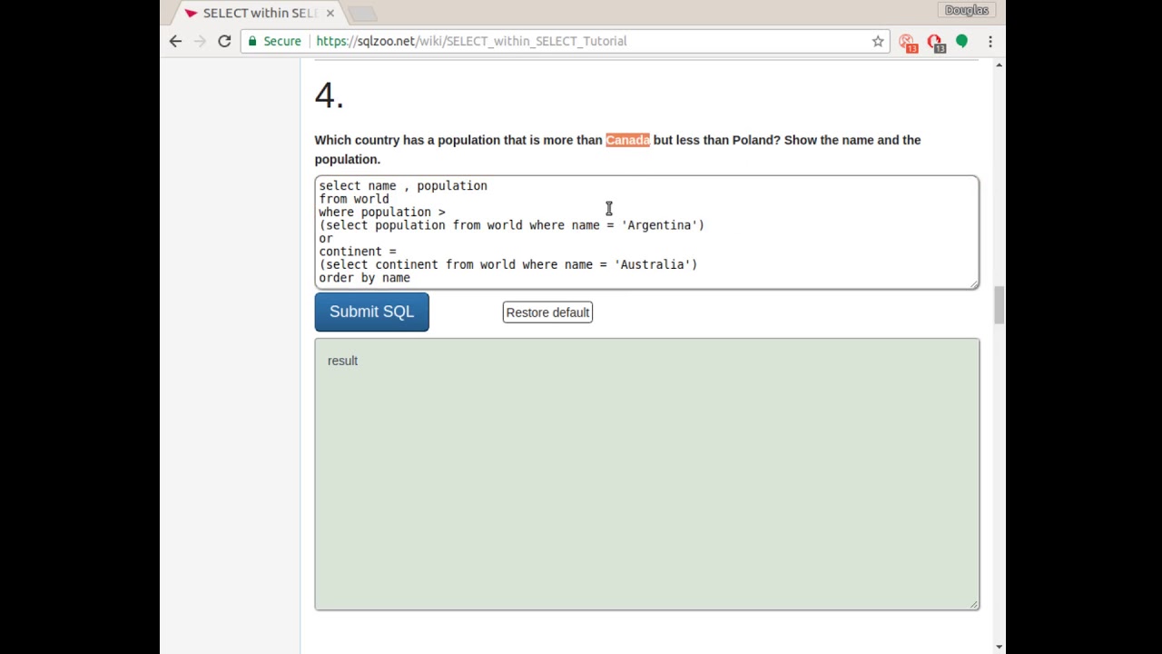 sqlzoo select in select Q4