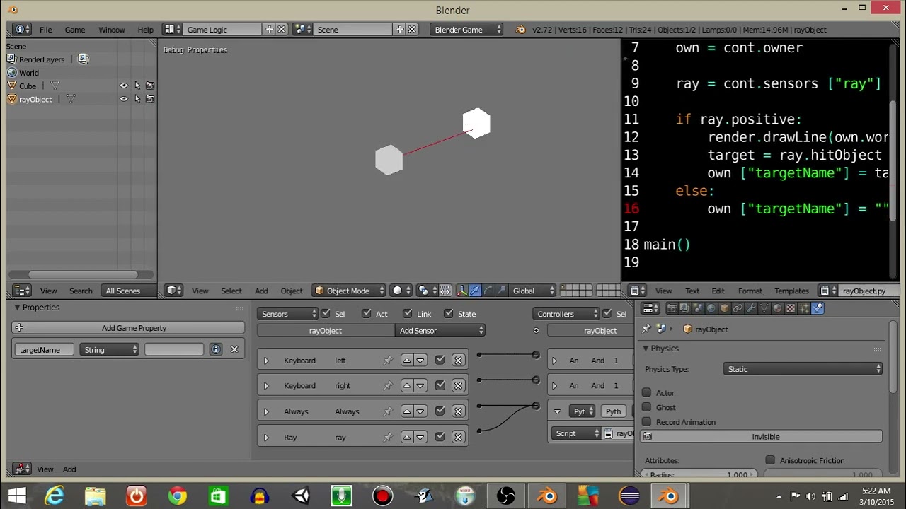 UPBGE - Ray Sensor Determining Object Visibility Python