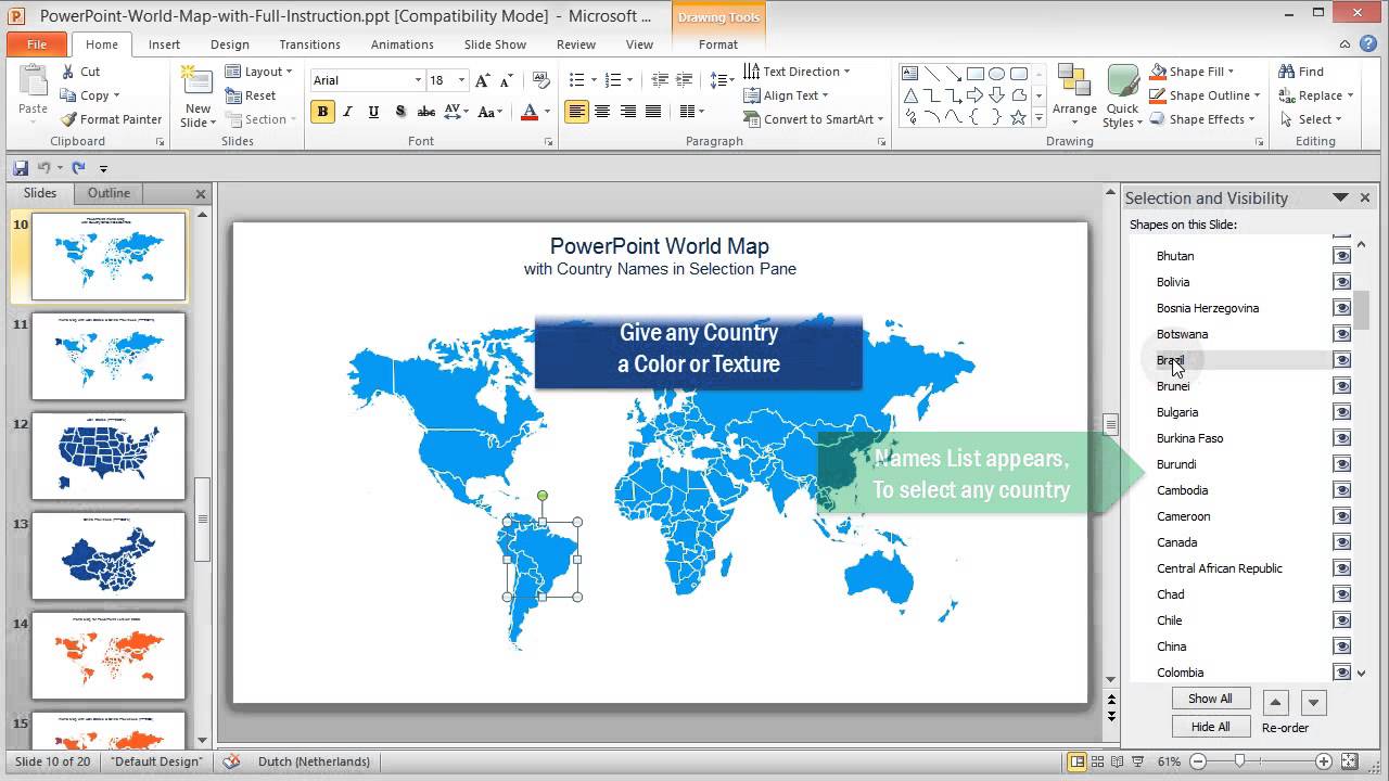 Selectable countries by name and color in PowerPoint World Map