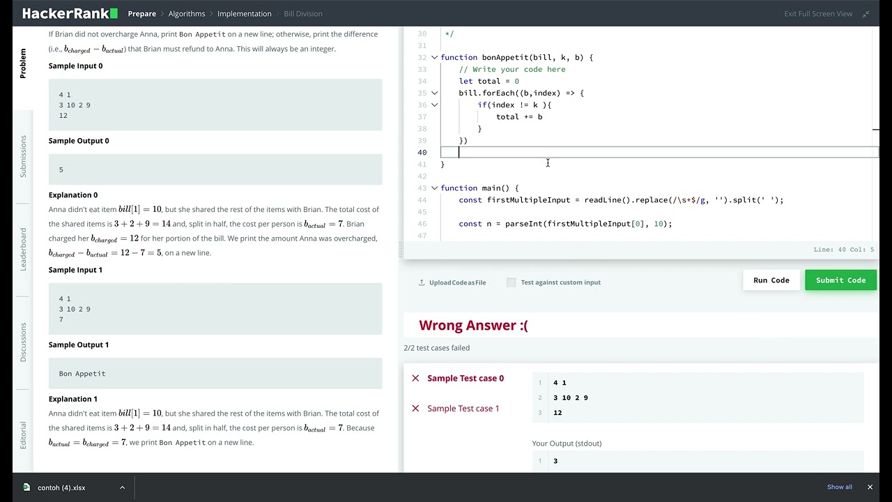 Hackerrank Algorithms Solution - Bill Division Javascript