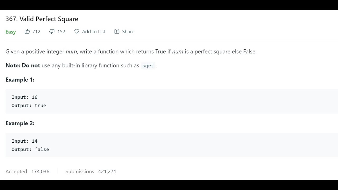Valid Perfect Square  #367 | LeetCode  | Python | Binary Search
