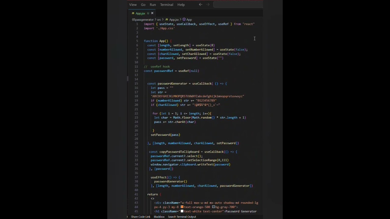 Password Generator using vite+react with tailwind #coding