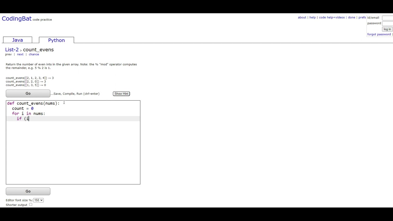 List-2 (count_evens) Python Tutorial || Codingbat.com