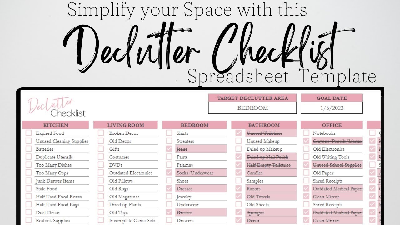 Declutter Checklist Room by Room Excel Spreadsheet, Declutter Challenge Google Sheets Printable