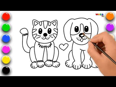 Cute Dog and Cat Picture Drawing, Painting and Coloring for Kids | Draw & Color Easy