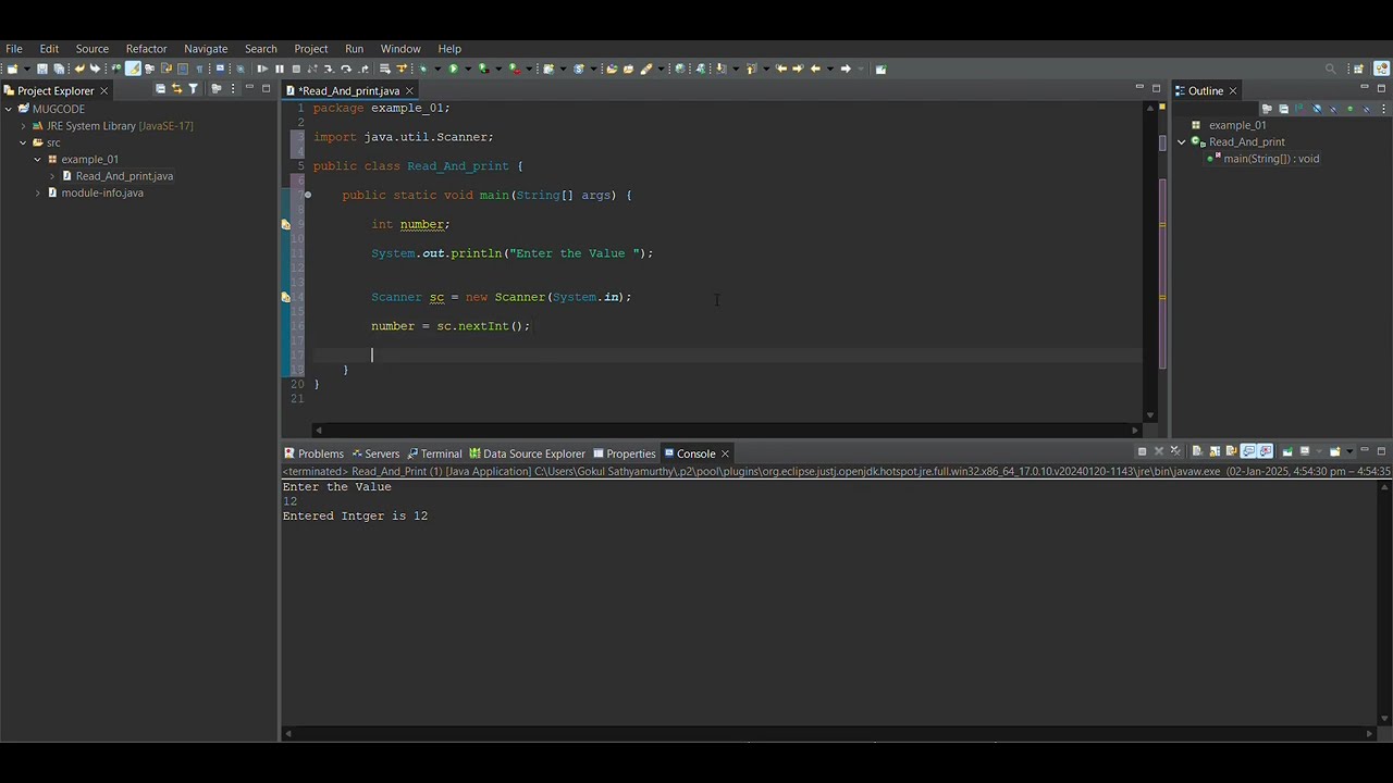 JAVA program to read and print and integer