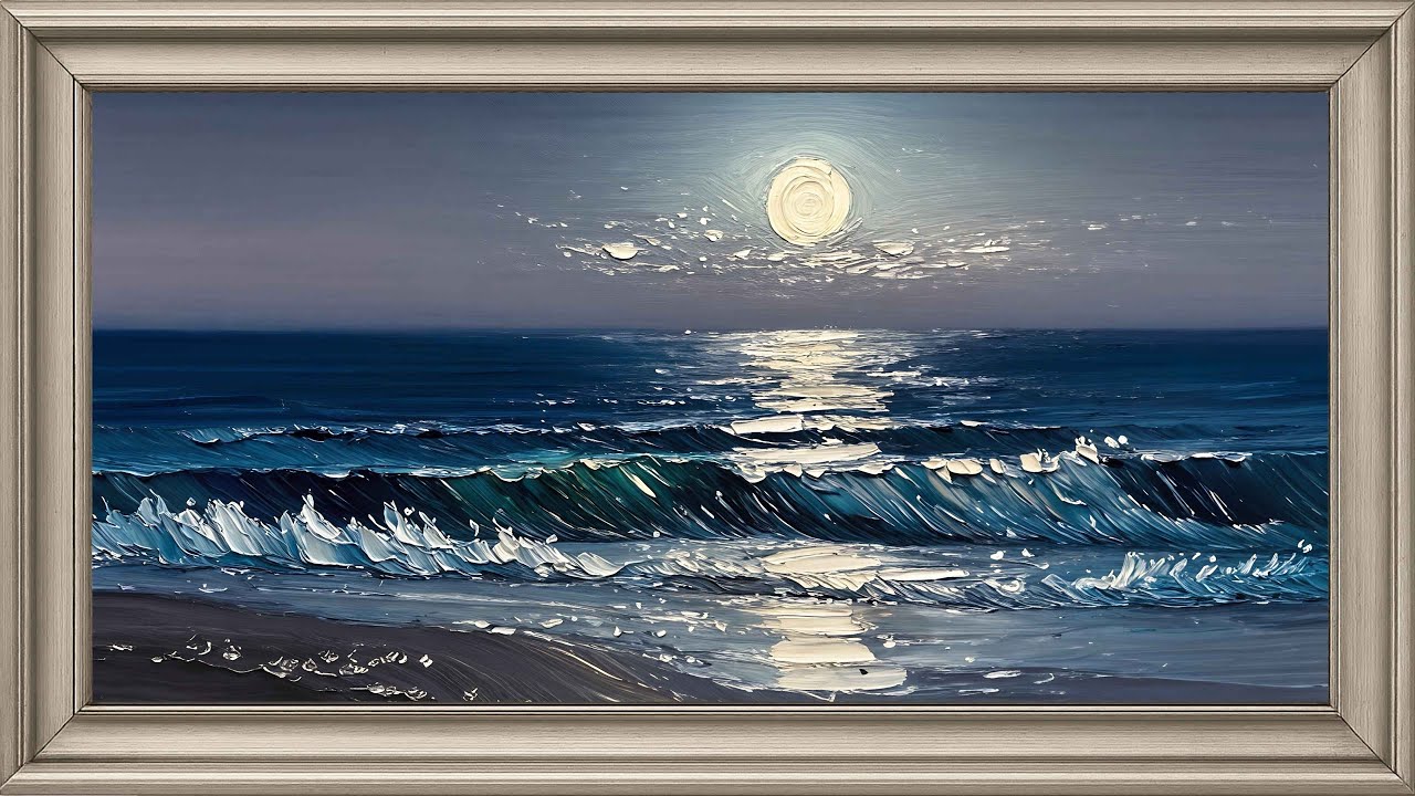 🌊 Moonlight Tide – Grey Frame | Cuadro decorativo marino en 4K con marco gris – No Music