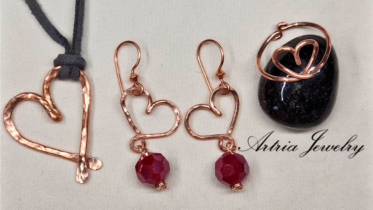 DIY Wire Jewelry - Hammered Heart Copper Pendant, Crystal Earrings, Ring Tutorial - Valentines Day