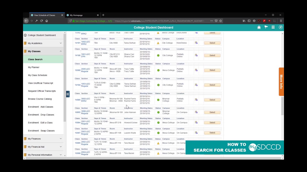 mySDCCD How to search the class schedule