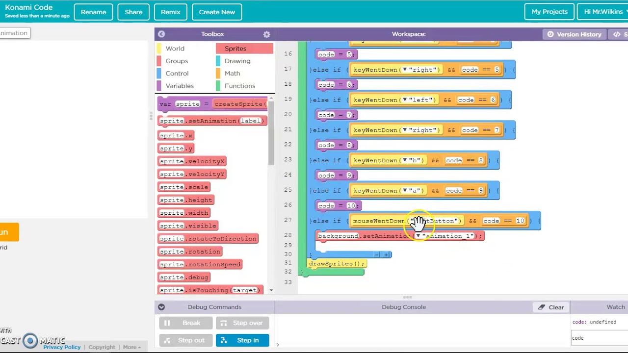 Programming a game with the konami Code - code.org