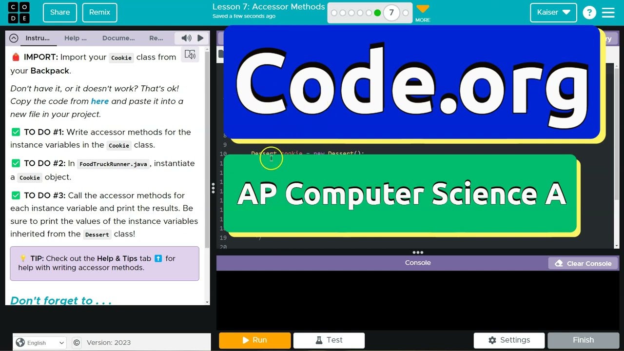 Code.org Lesson 7.7A Accessor Methods | Tutorial with Answers | Unit 2 CSA