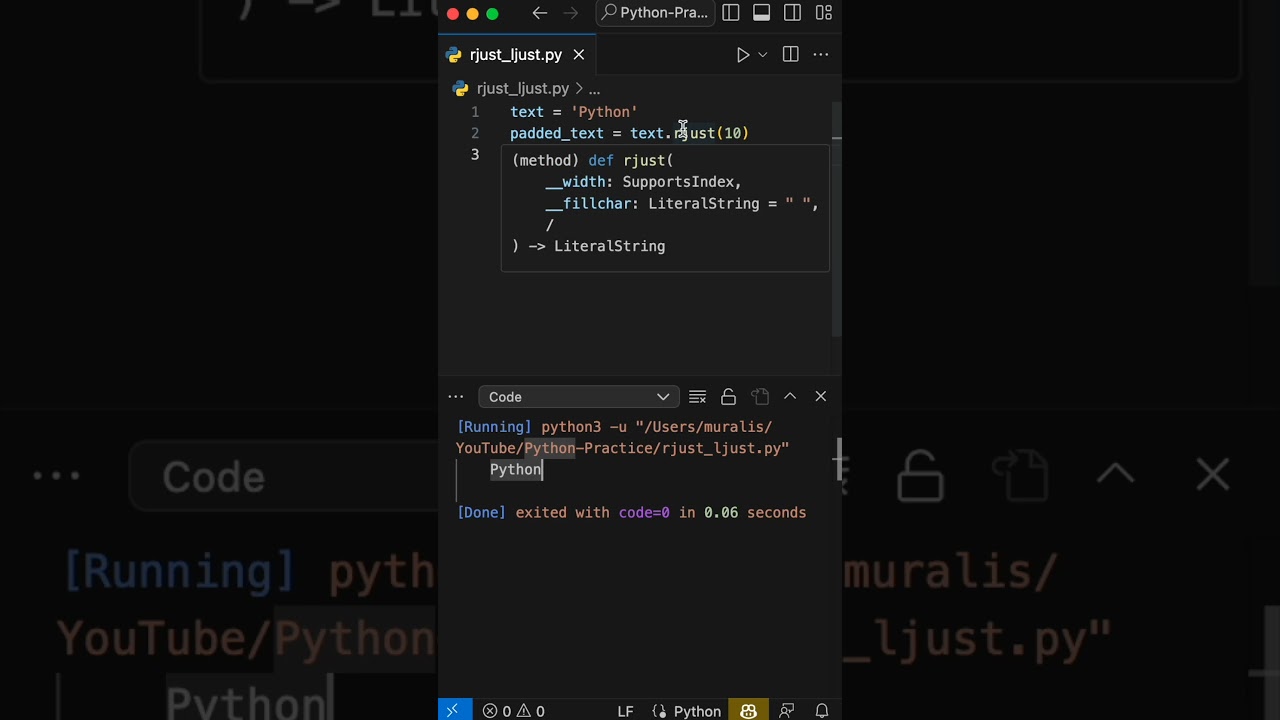 Python String Formatting: Mastering rjust() and ljust() Methods #shorts