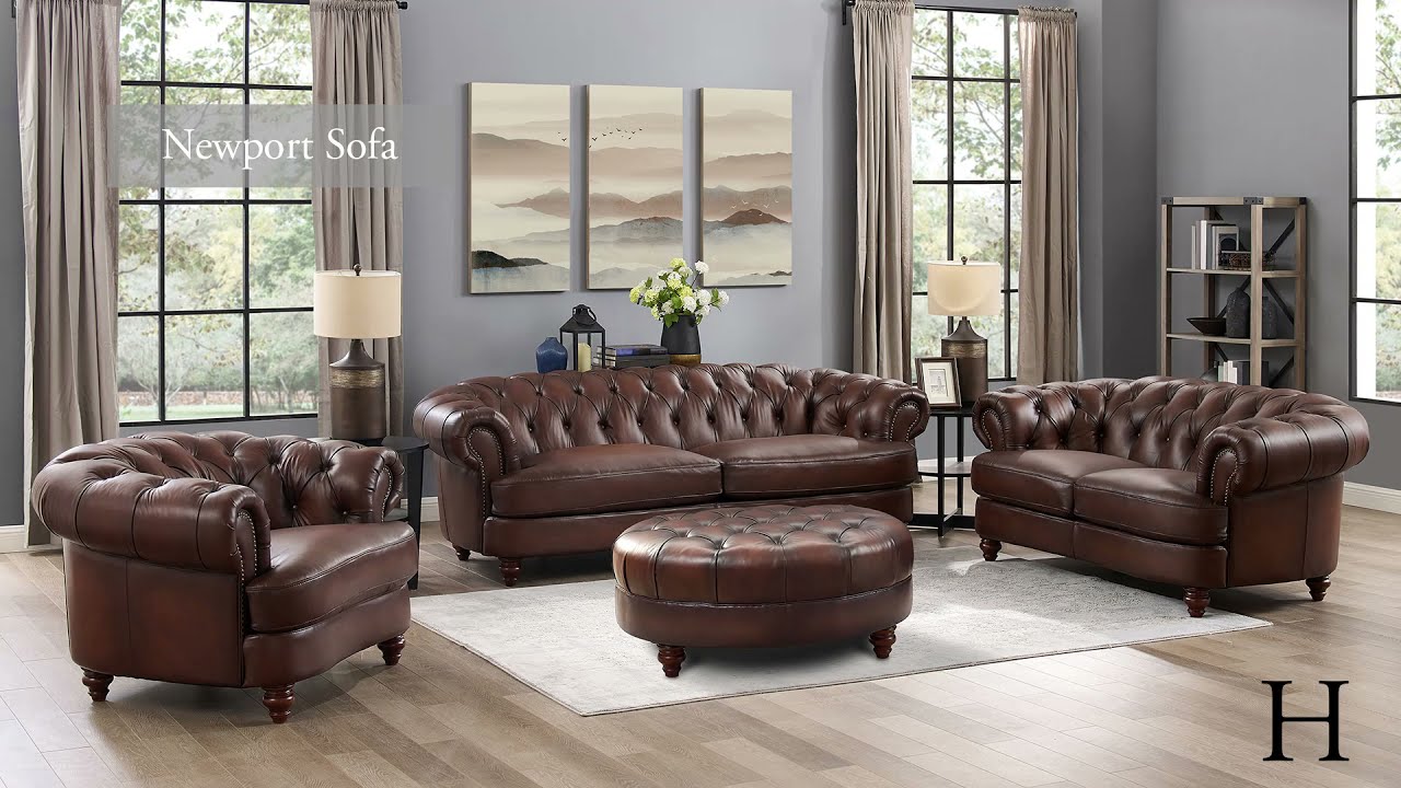 Hydeline Furniture Newport Top Grain Leather Chesterfield Sofa in Brown