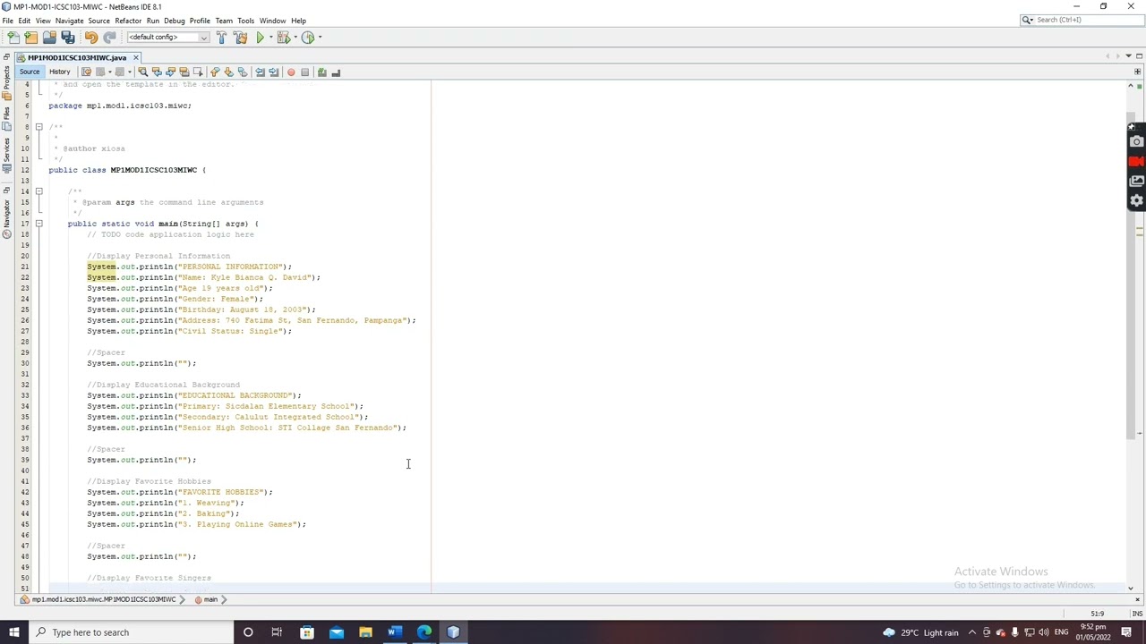 JAVA MACHINE PROBLEM 1 - PERSONAL INFORMATION