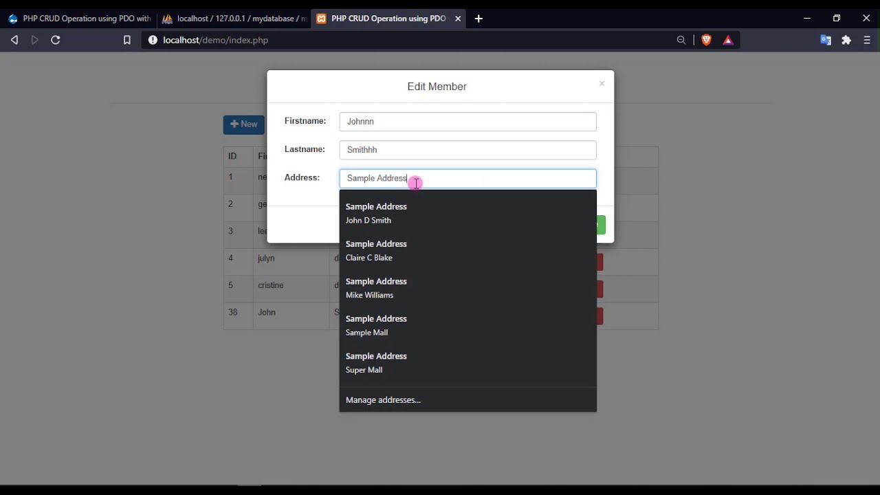 PHP CRUD Operation using PDO with Bootstrap Modal Tutorial Demo