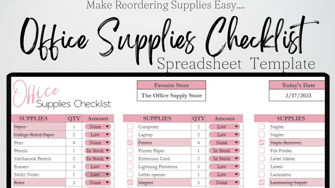 Office Supplies List Excel Spreadsheet Template, Office Supplies Checklist Organization Google Sheet